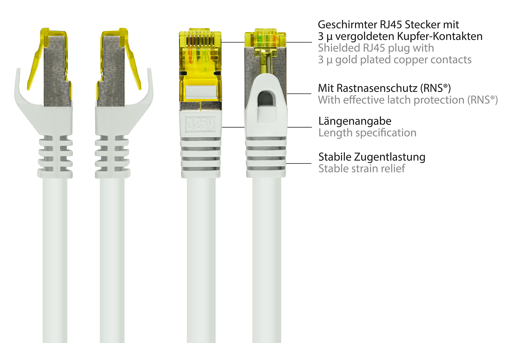 RJ45 Patchkabel mit Cat. 7 Rohkabel und Rastnasenschutz (RNS®), S/FTP, PiMF, 500MHz, weiß, 2m ...